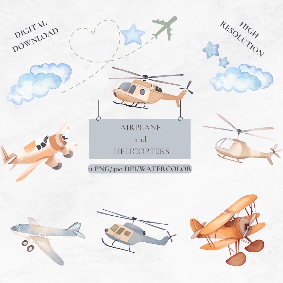 Watercolor Airplane Helicopter Clipart, Air Transport PNG, Kids Clipart ...