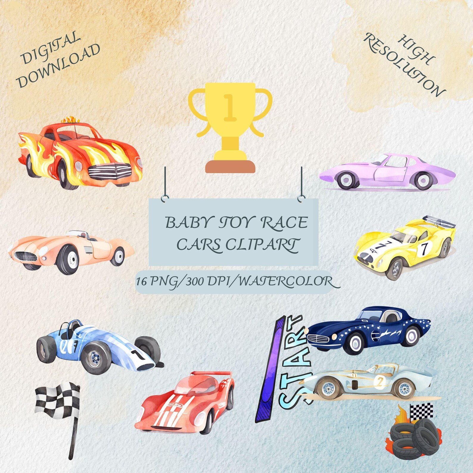Watercolor Race Car Clipart PNG Bundle, Vintage Racing Car Illustration ...