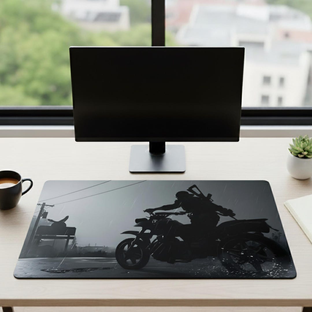 Post Apocalyptic Zombie Game Desk Mat: Rainy Ride Biker Gaming Mousepad ...