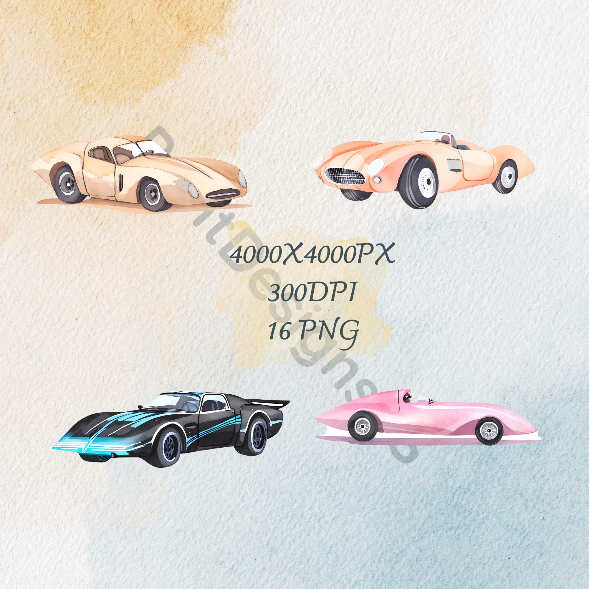 Watercolor Race Car Clipart PNG Bundle, Vintage Racing Car Illustration ...