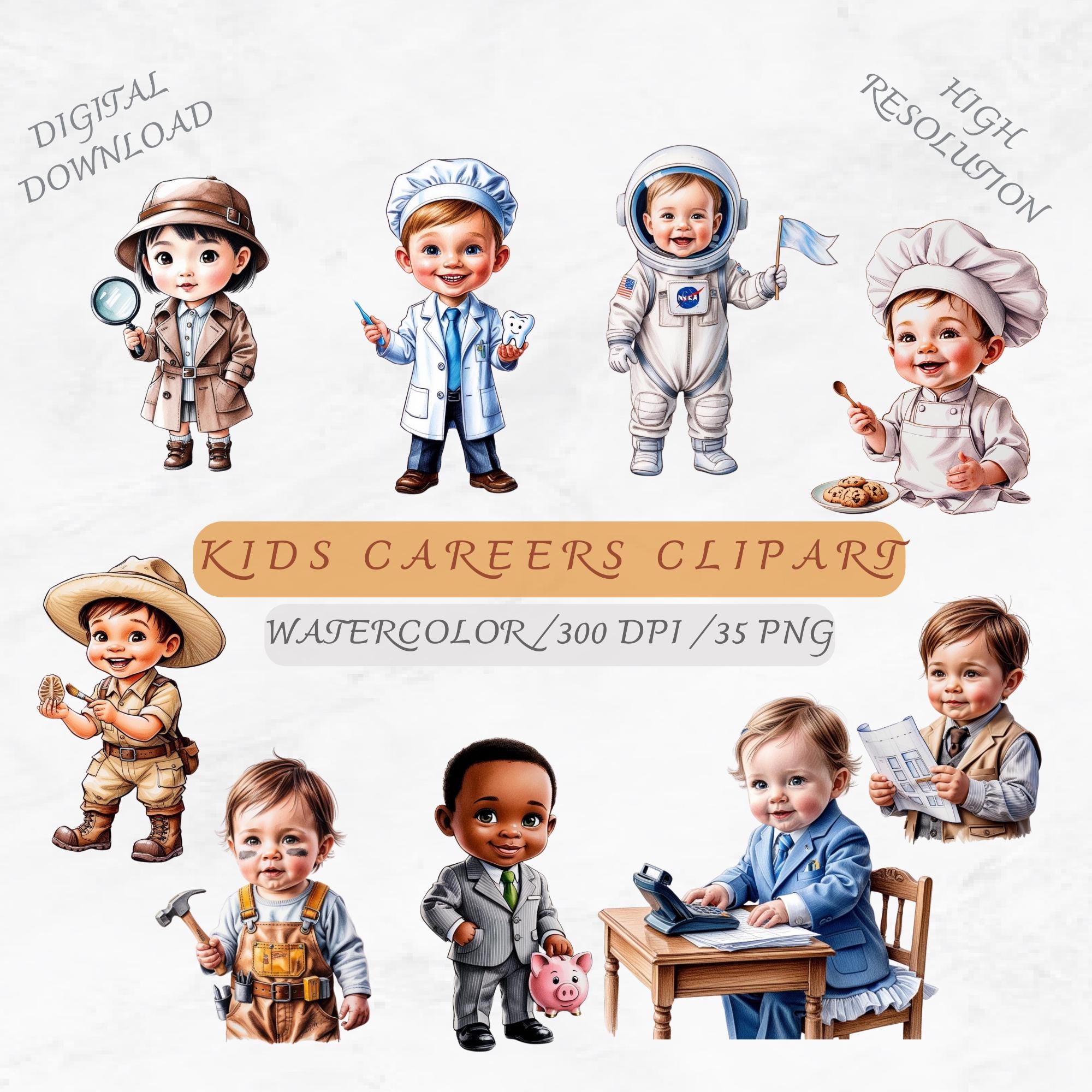 Watercolor Kids Careers Clipart Bundle, Firefighter,teacher PNG, Career ...