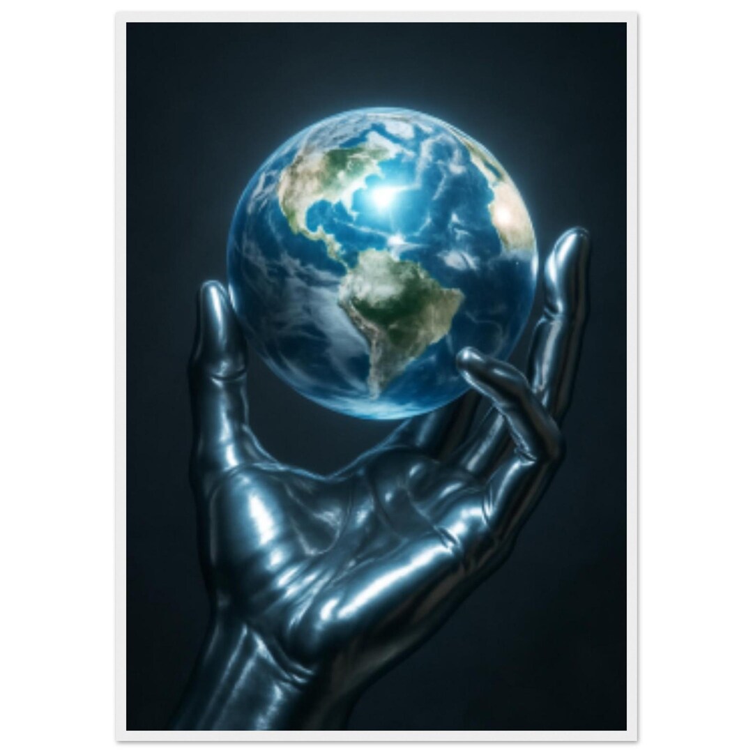 Silver Hand Holding Earth Art Print Surreal Modern Wall Decor for ...