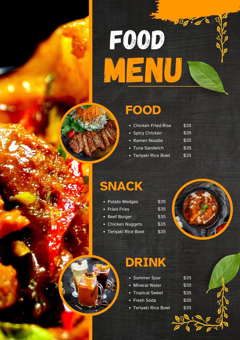 Editable Food Menu Template | Printable Restaurant Menu Canva | Modern ...