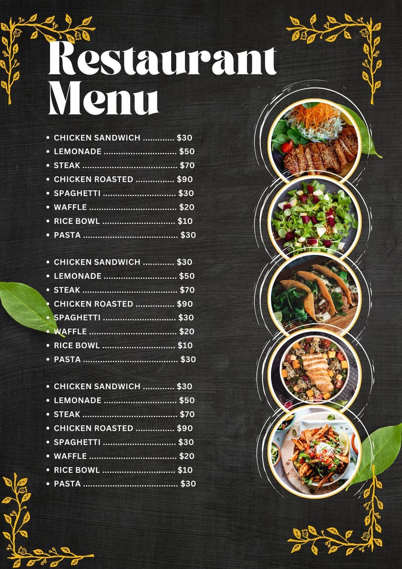 Editable Food Menu Template | Printable Restaurant Menu Canva | Modern ...