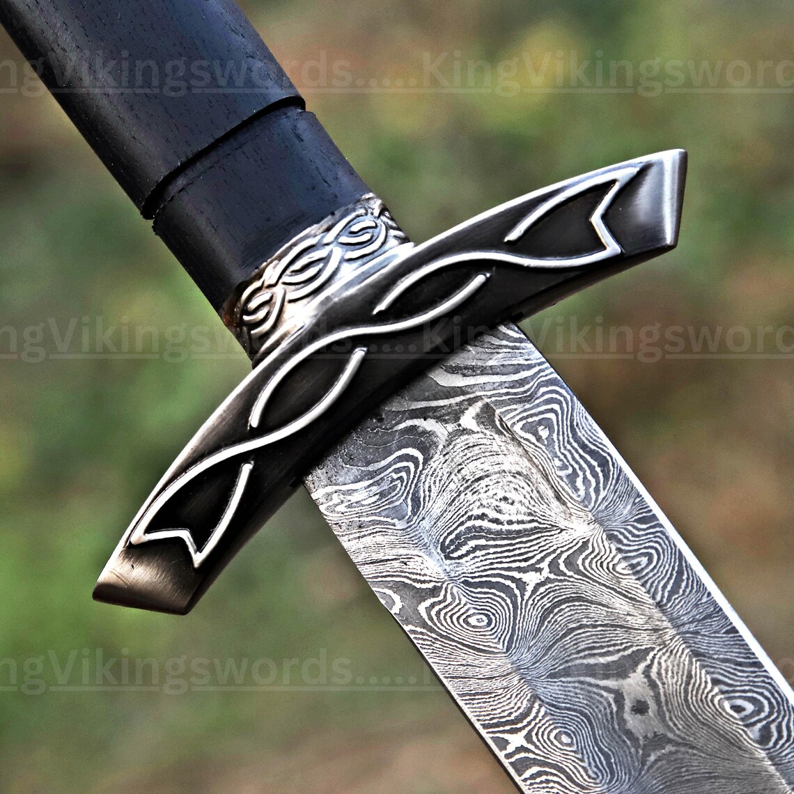 Hand-forged Damascus Steel Viking Sword, Ash Wood Handle, Etched Silver ...