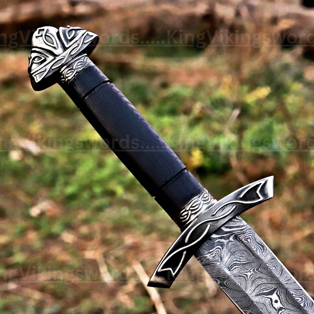 Hand-forged Damascus Steel Viking Sword, Ash Wood Handle, Silver Etched ...