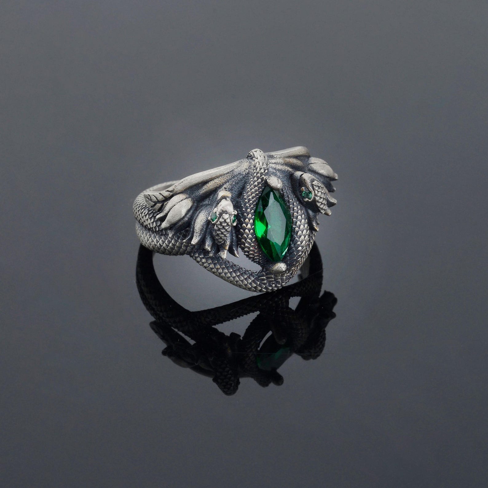 Gothic Serpent Ring, Emerald Green Dragon Eye Ring, Handmade Silver Snake Ring, Mythical Fantasy ...