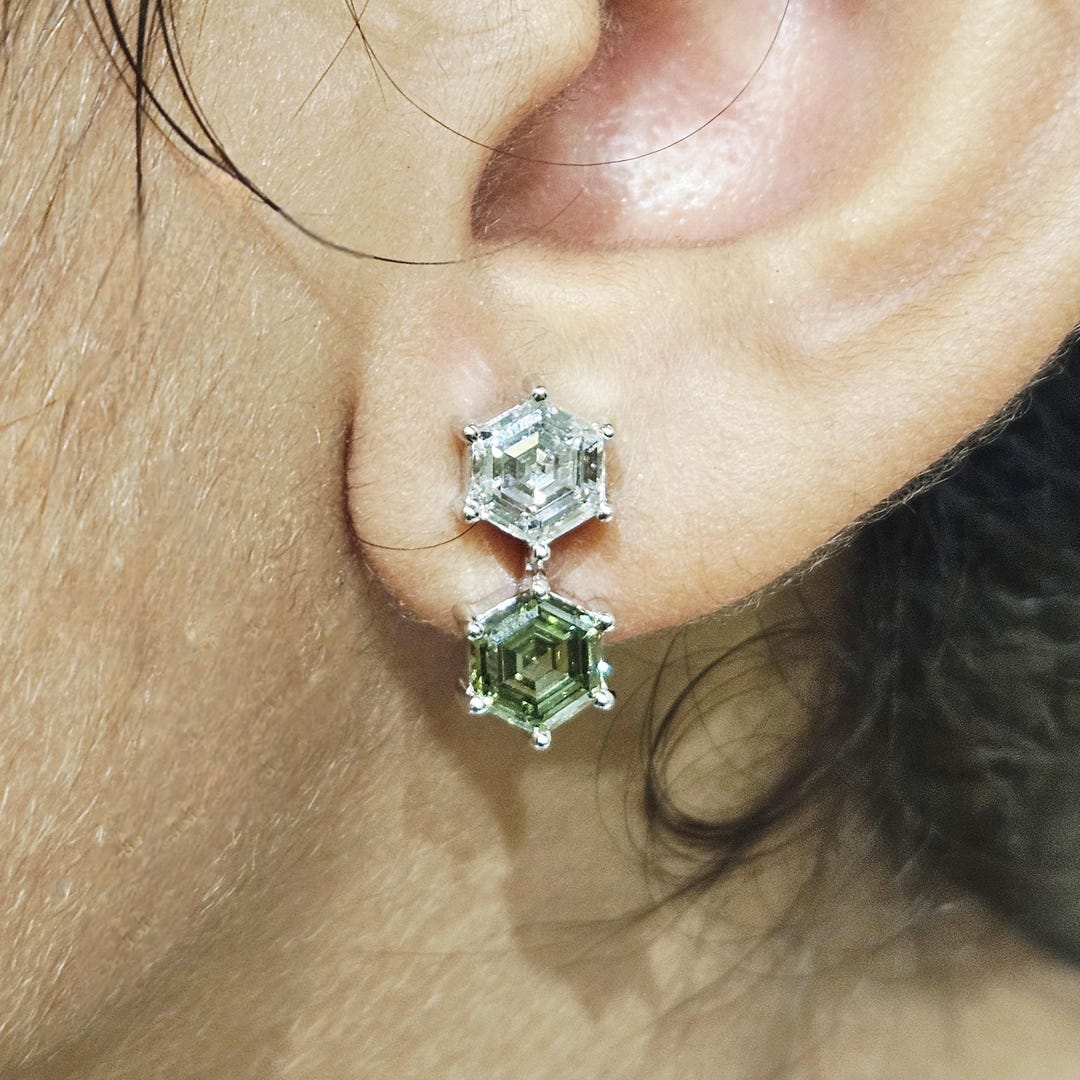Hexagon Step-cut Dangle Earrings Vivid Green Treated Drop Earrings in ...