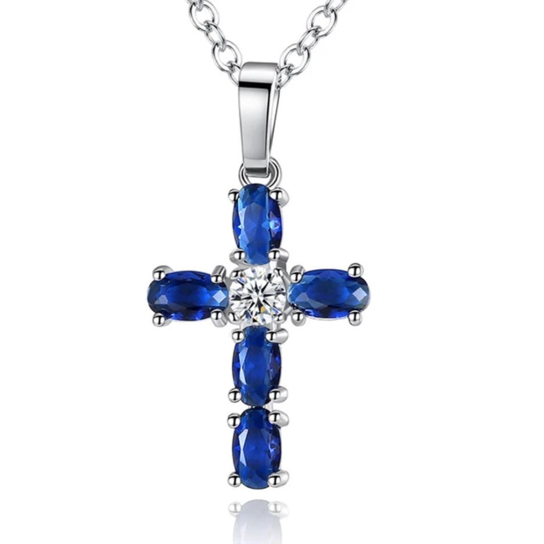 Blue Stone Cross Pendant | Lab Grown Diamond Center, 14K Gold - Etsy