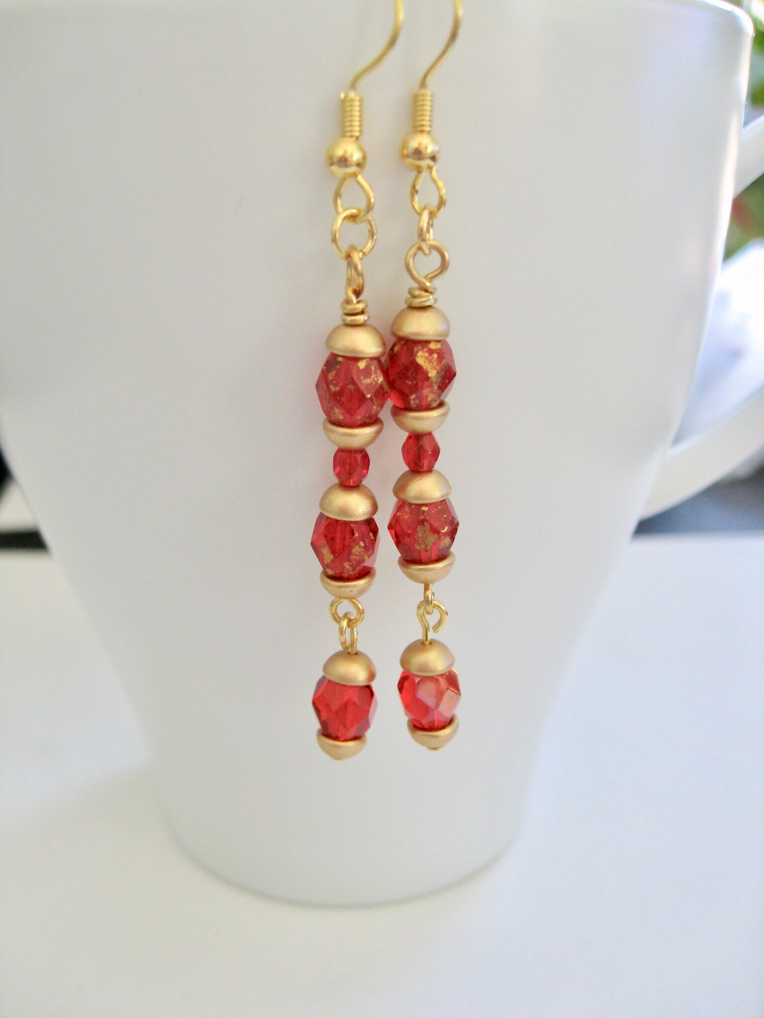 Ruby Red and Gold Long Dangle Earrings - Etsy