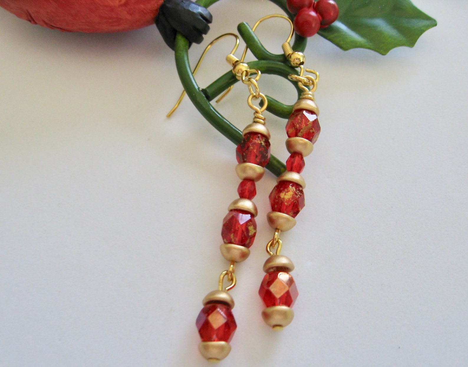 Ruby Red and Gold Long Dangle Earrings - Etsy