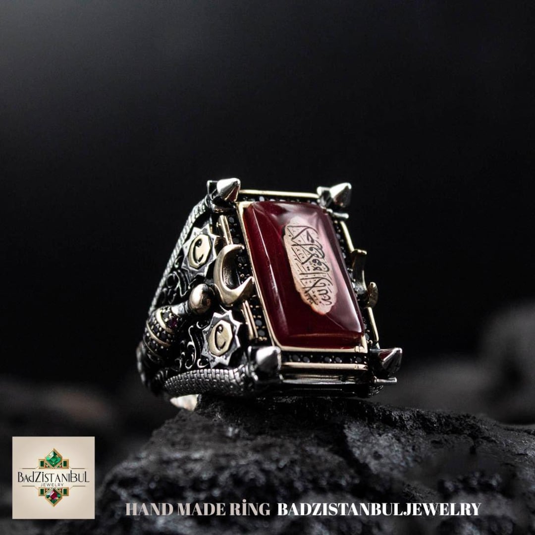 Men Ring, Nizam-ı Alem Ottoman Style Silver Men’s Ring – Amber Stone ...