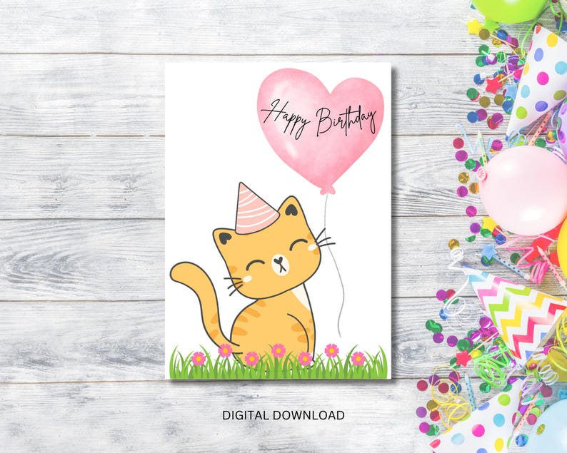 Printable Cat Birthday Card / Cat Birthday Card / Cute Cat Card / Print ...