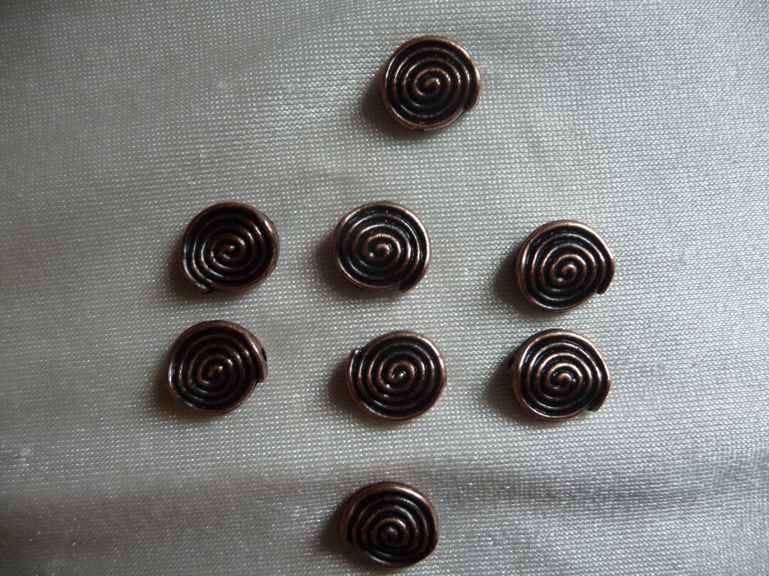 Beads, Antiqued Copper Pewter, 11mm, Round Discs, Spiral Circle Design ...
