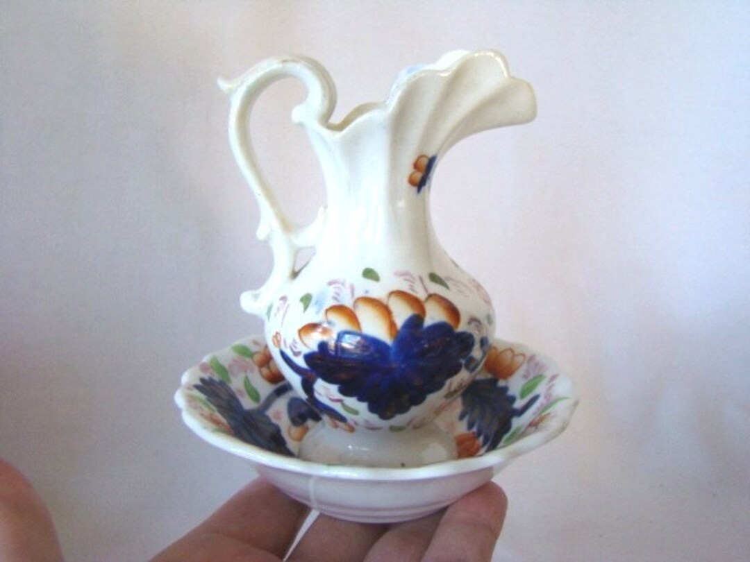 Antique GAUDY WELSH Child's Doll Ironstone Miniature Pitcher & Bowl Toy ...