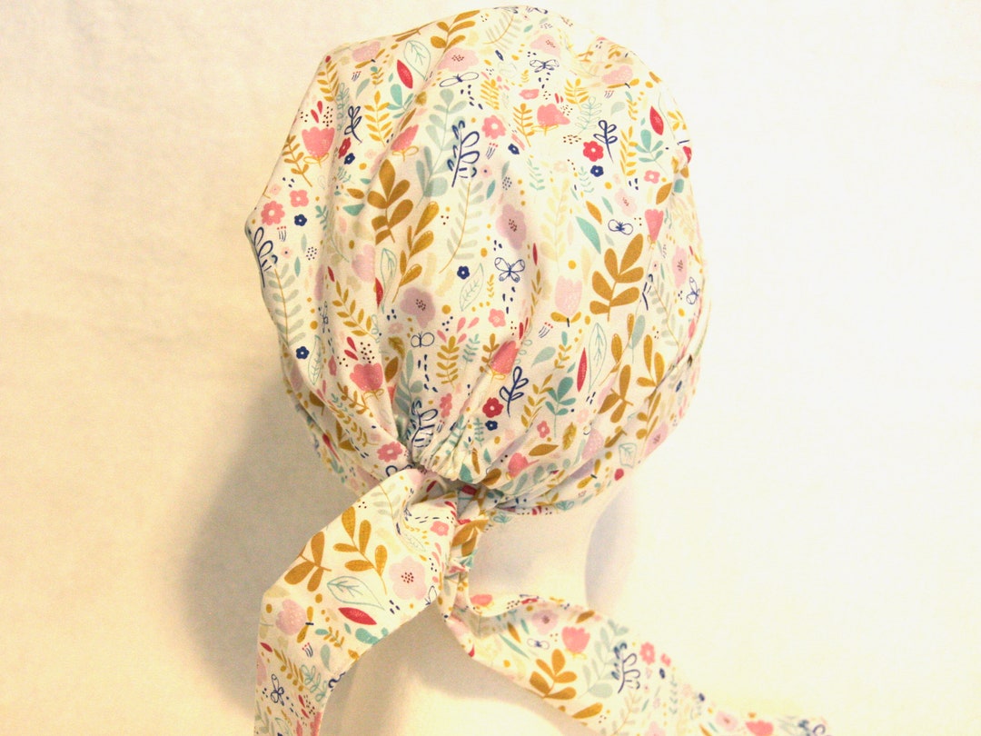 Scrub Hats for Women, White, Floral, Tie Back Surgical Scrub Cap ...