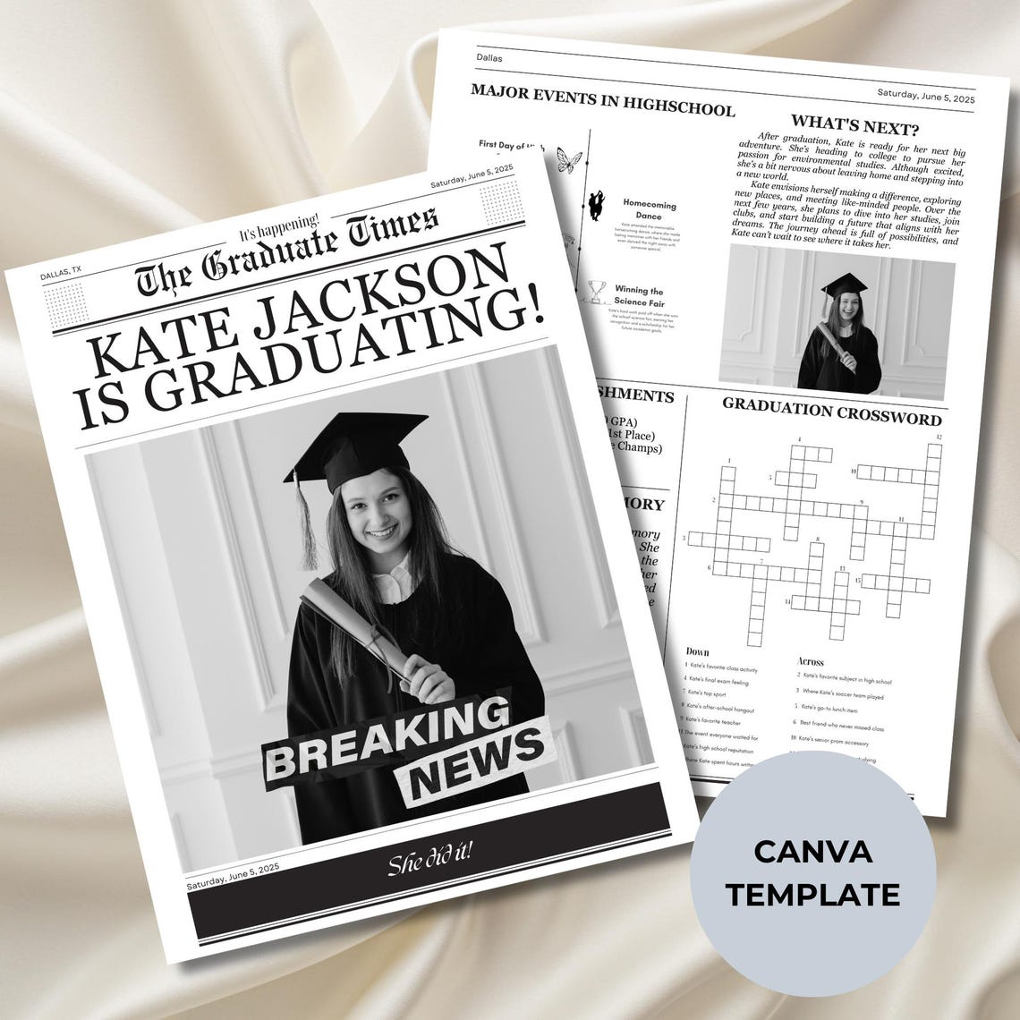 Editable Graduation Newspaper Template: Canva Party Favors (digital ...