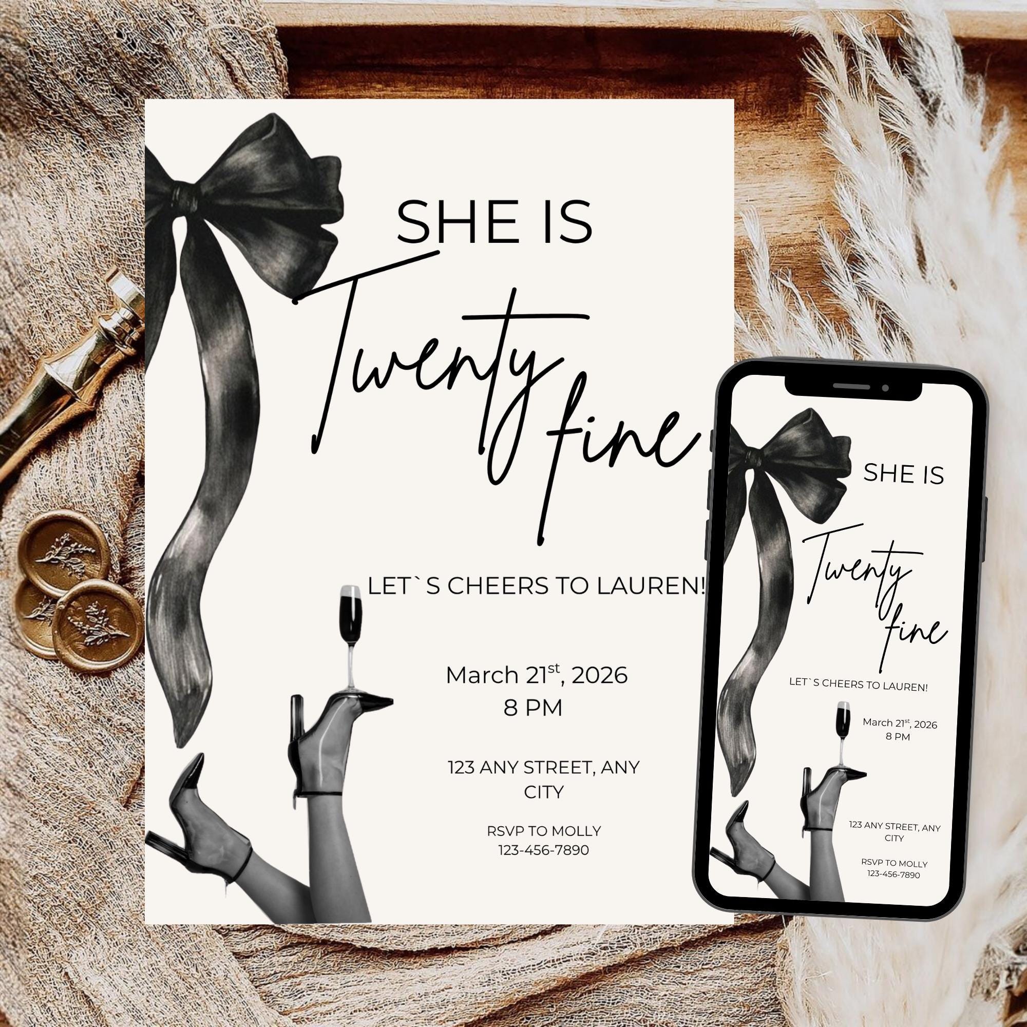 Twenty Fine Birthday Invitation Template | Modern Canva Invite (digital ...