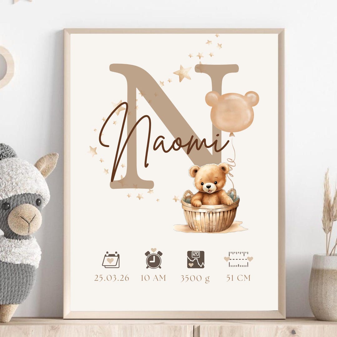 Personalized Birth Board Teddy Bear Print, New Baby Girl Boy Gift ...