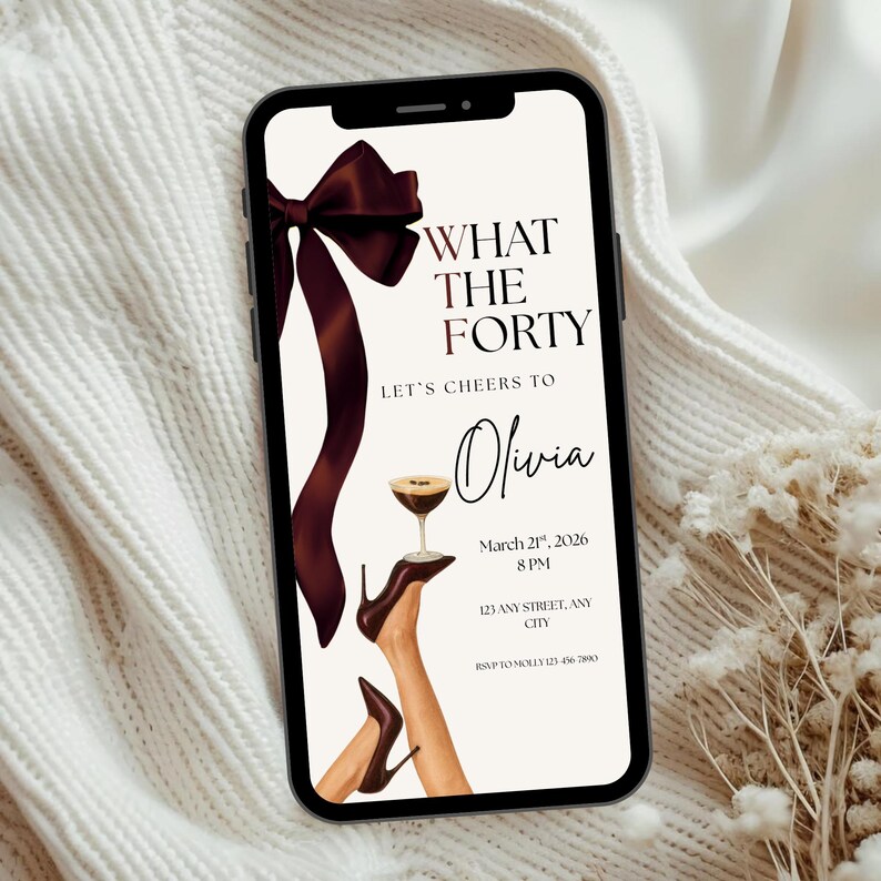 WTF - Forty Birthday Invitation: Burgundy Bow, Coquette Brunch (digital ...