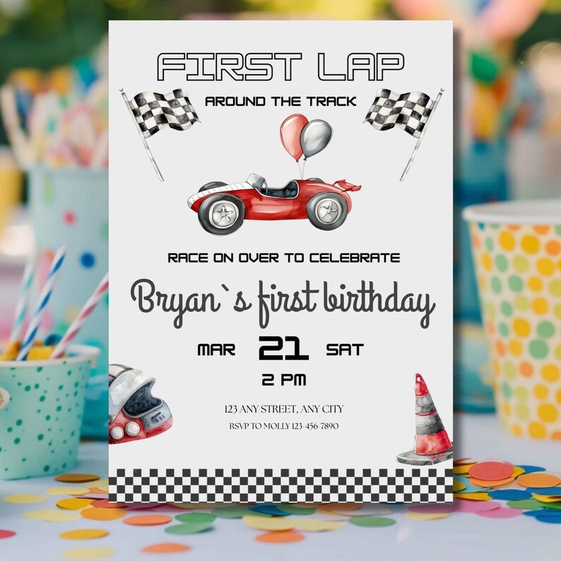 Race Car Birthday Invitation: First Lap Around the Track (digital ...