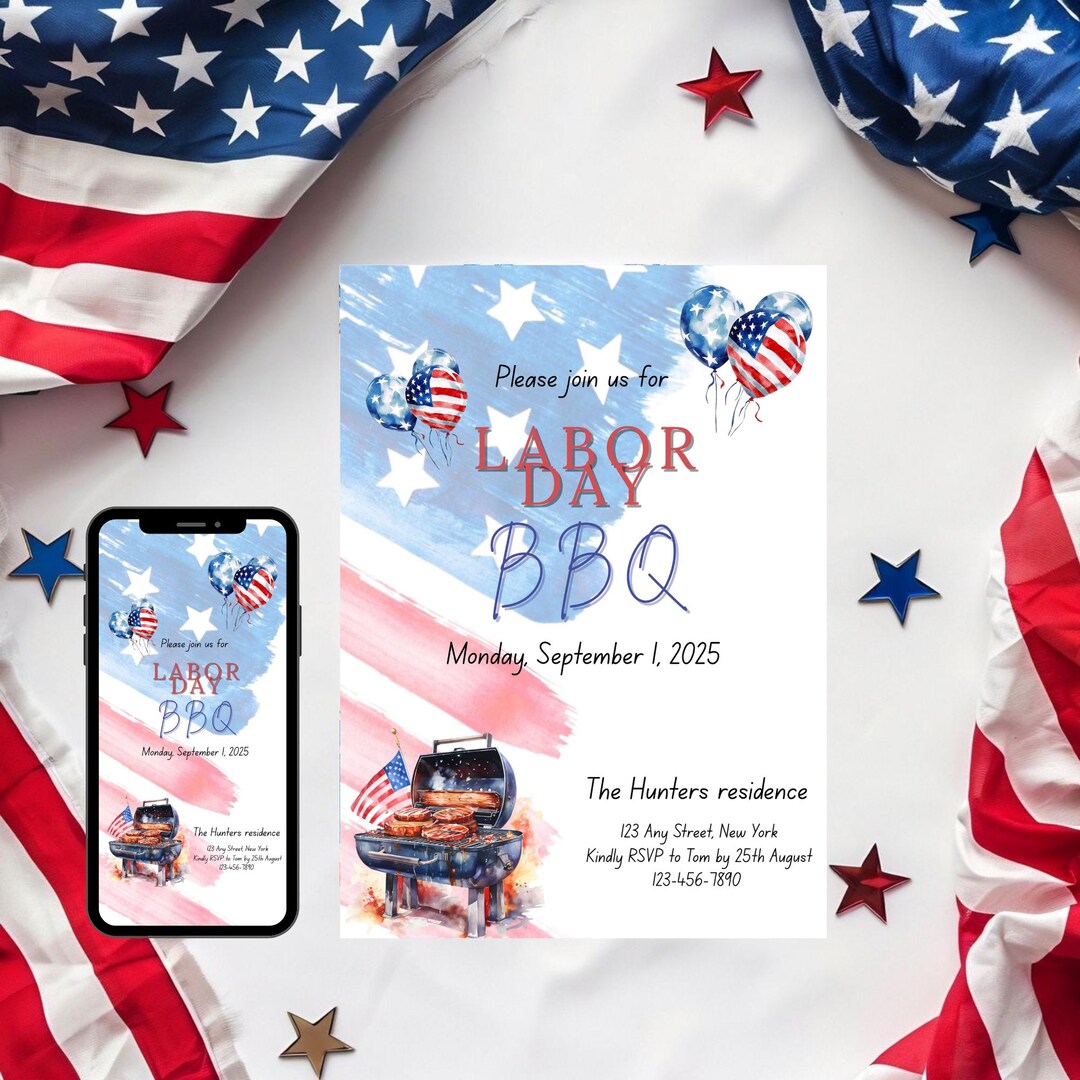 Labor Day BBQ Invitation: USA Family Party, Mobile Invite (digital ...
