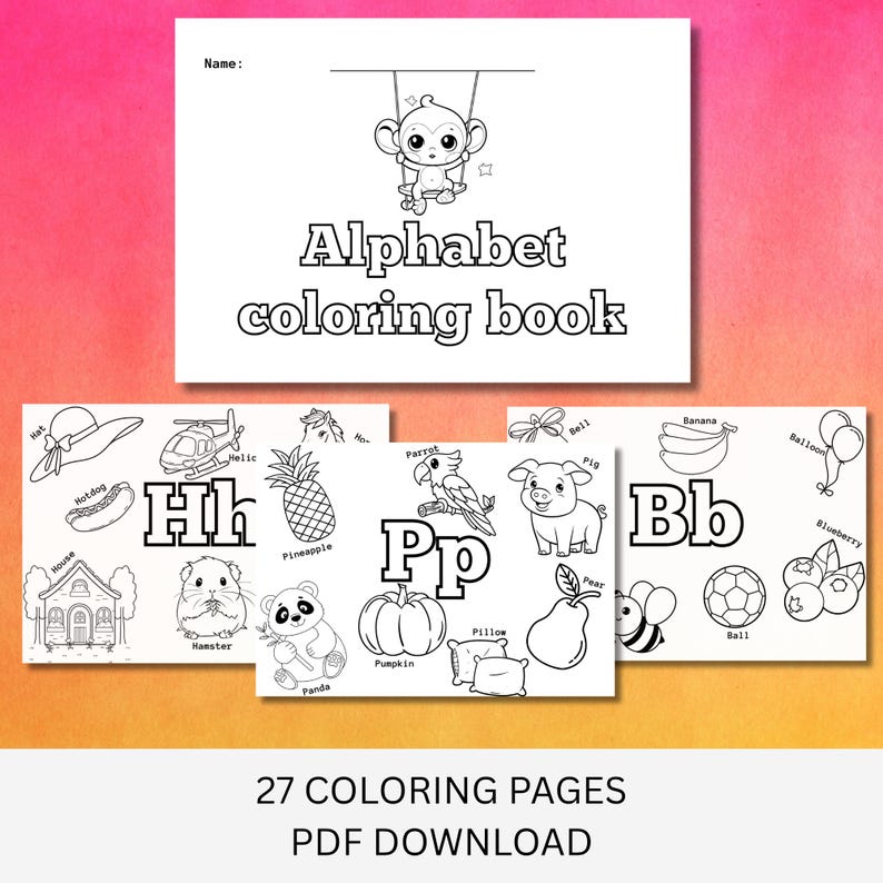 Printable ABC Book: A-Z Animals Coloring Pages, Baby Shower Activity ...