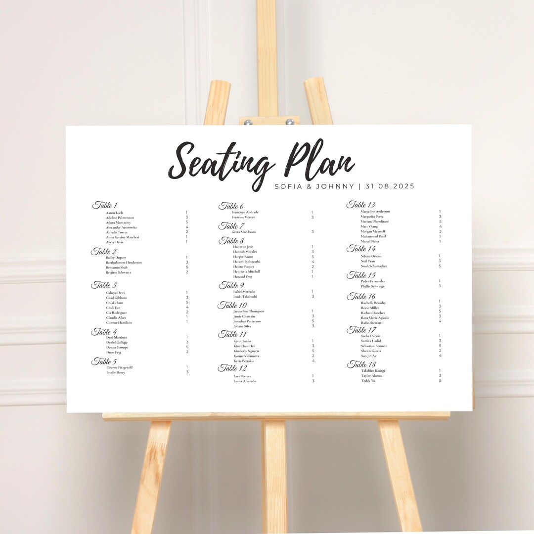 Number Seating Chart Template, Wedding Seating Chart, Minimalist ...