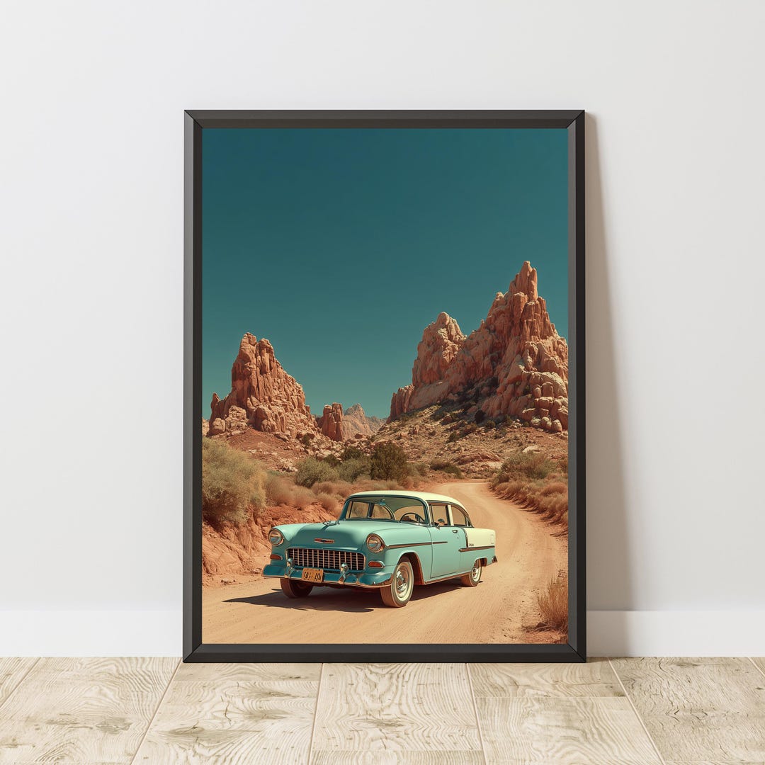 Vintage Blue Car Poster, Retro Road Trip Print, Desert Landscape Wall ...