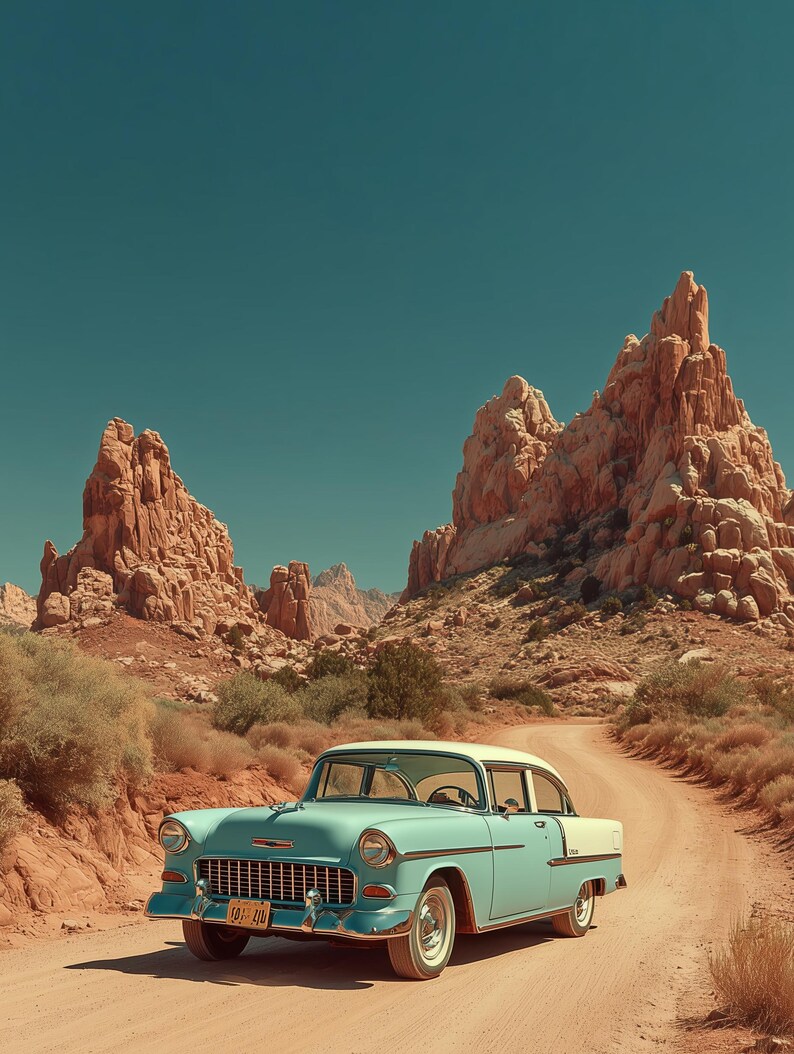 Vintage Blue Car Poster, Retro Road Trip Print, Desert Landscape Wall ...