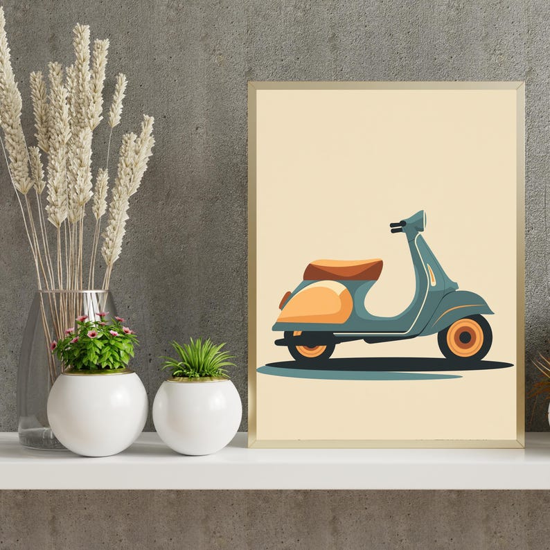 Vintage Scooter Wall Art, Retro Vespa Print, Minimalist Motorcycle ...