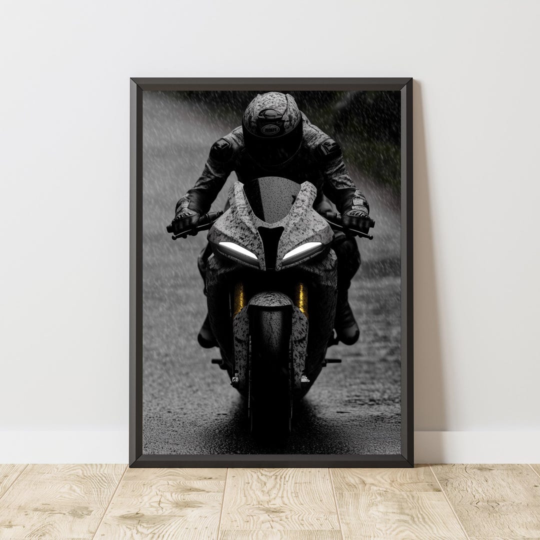Black Motorcycle Wall Art, Biker Poster, Rain Ride Print, Sportbike ...