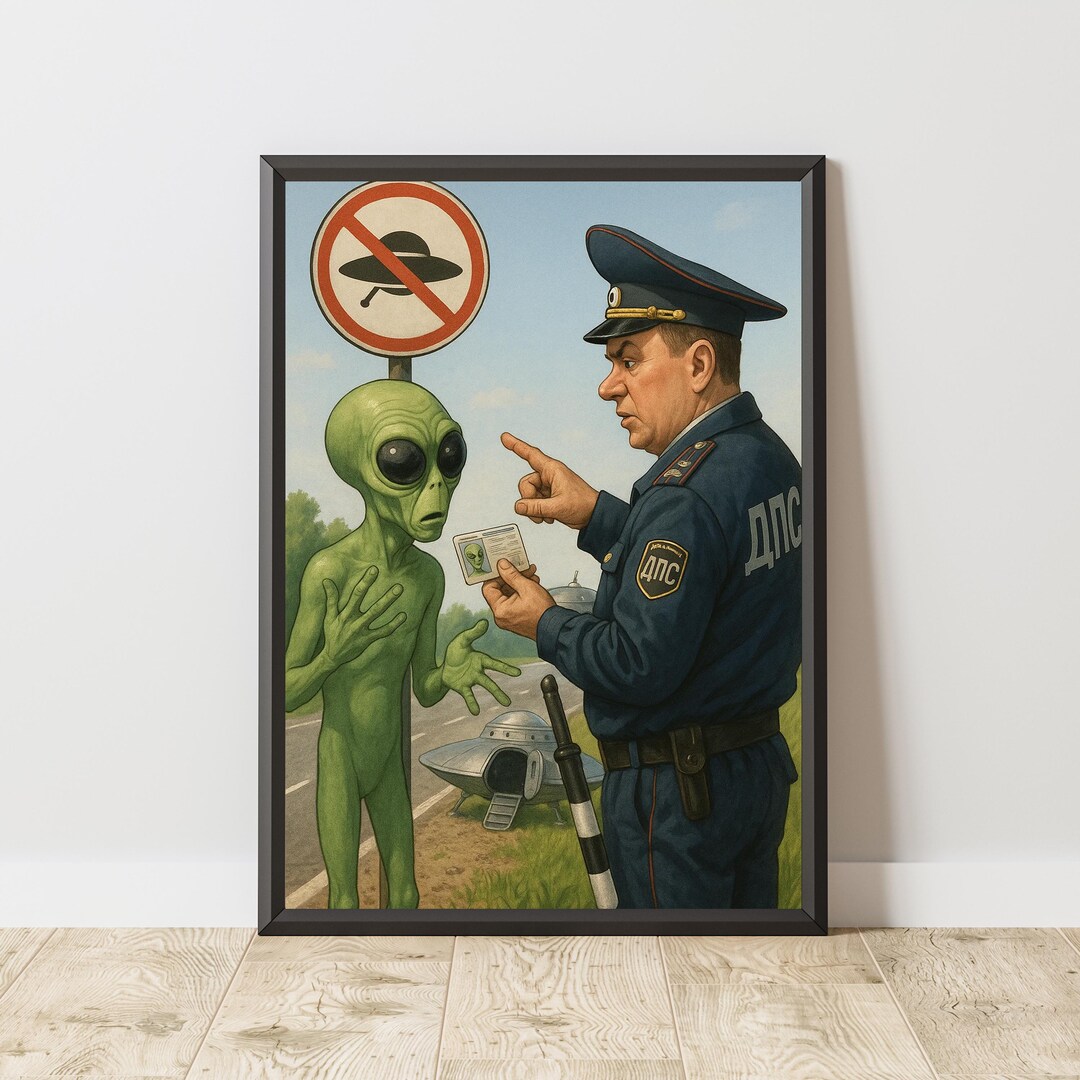 Funny Alien Art Print: Surreal Police Stop, Retro Sci-fi Humor (digital ...