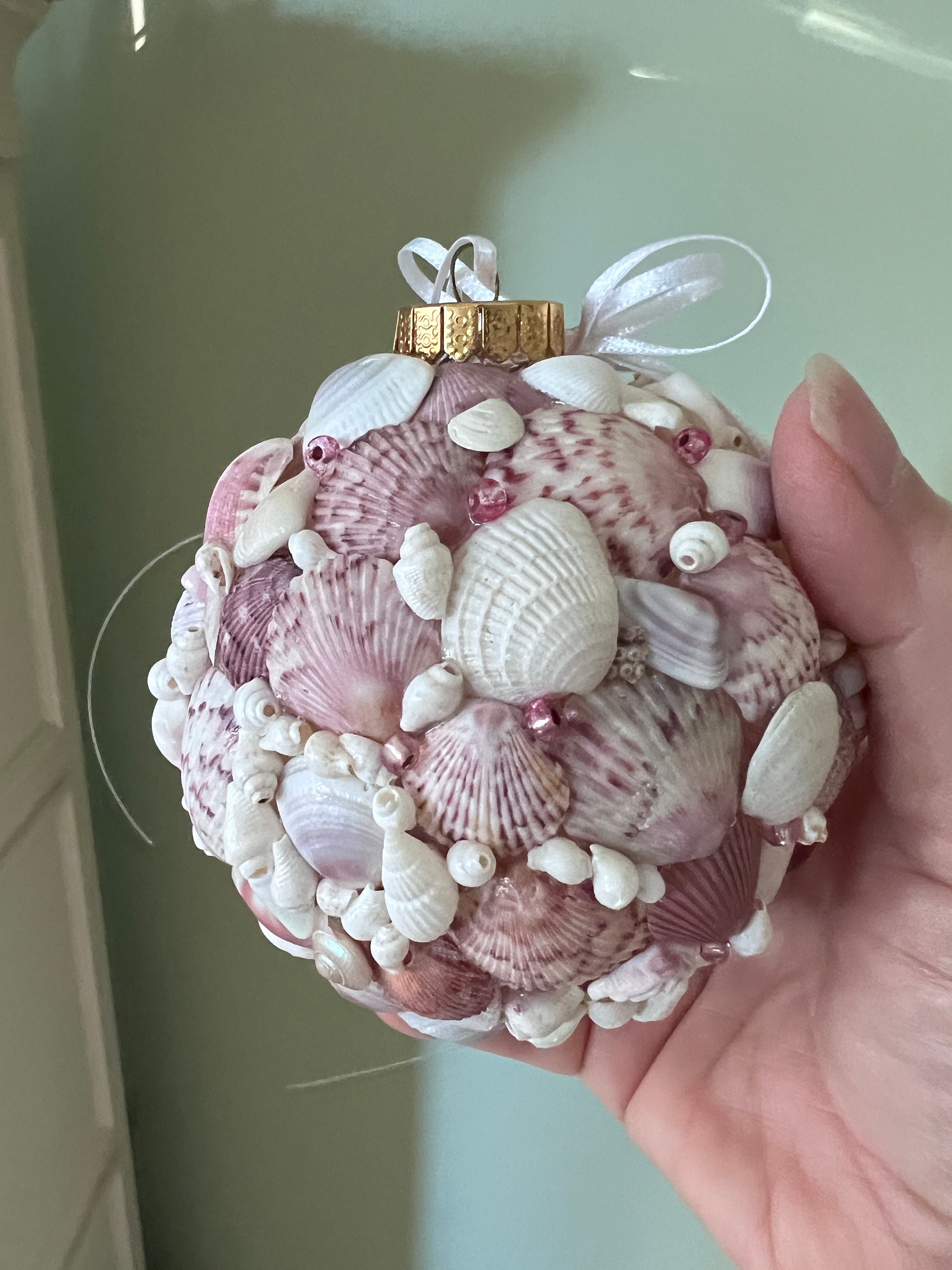 Pink Shells Ornament, Hand Made Round Ball Ornament, One of a Kind ...