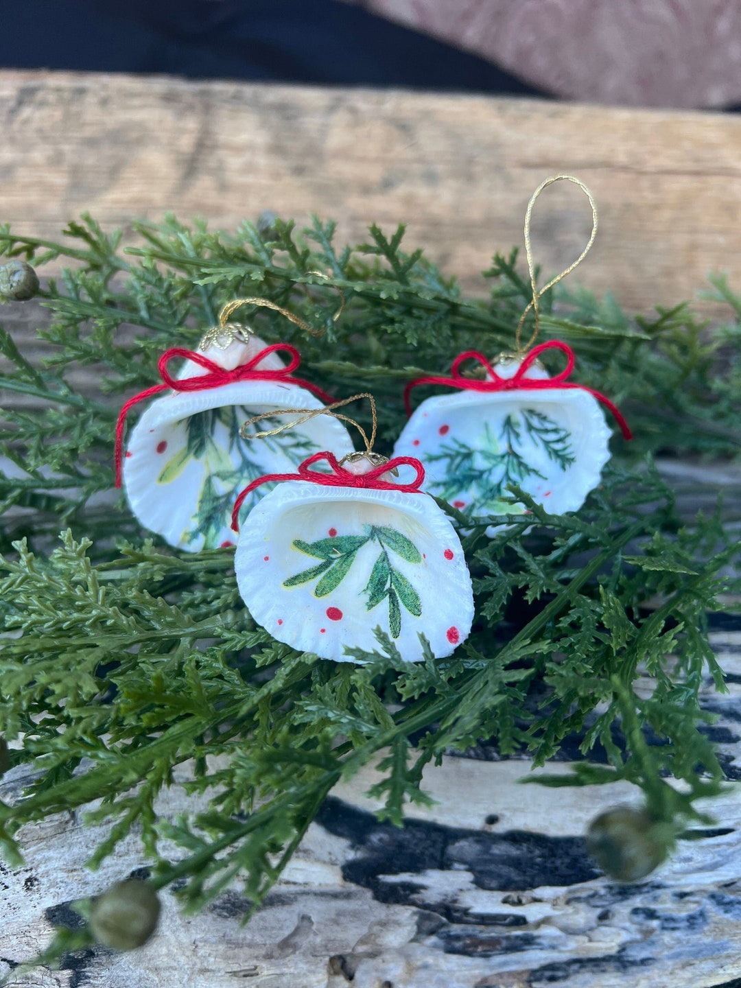 Shell Ornament Set of 3 Decoupaged With Christmas Greenery Images, Free ...