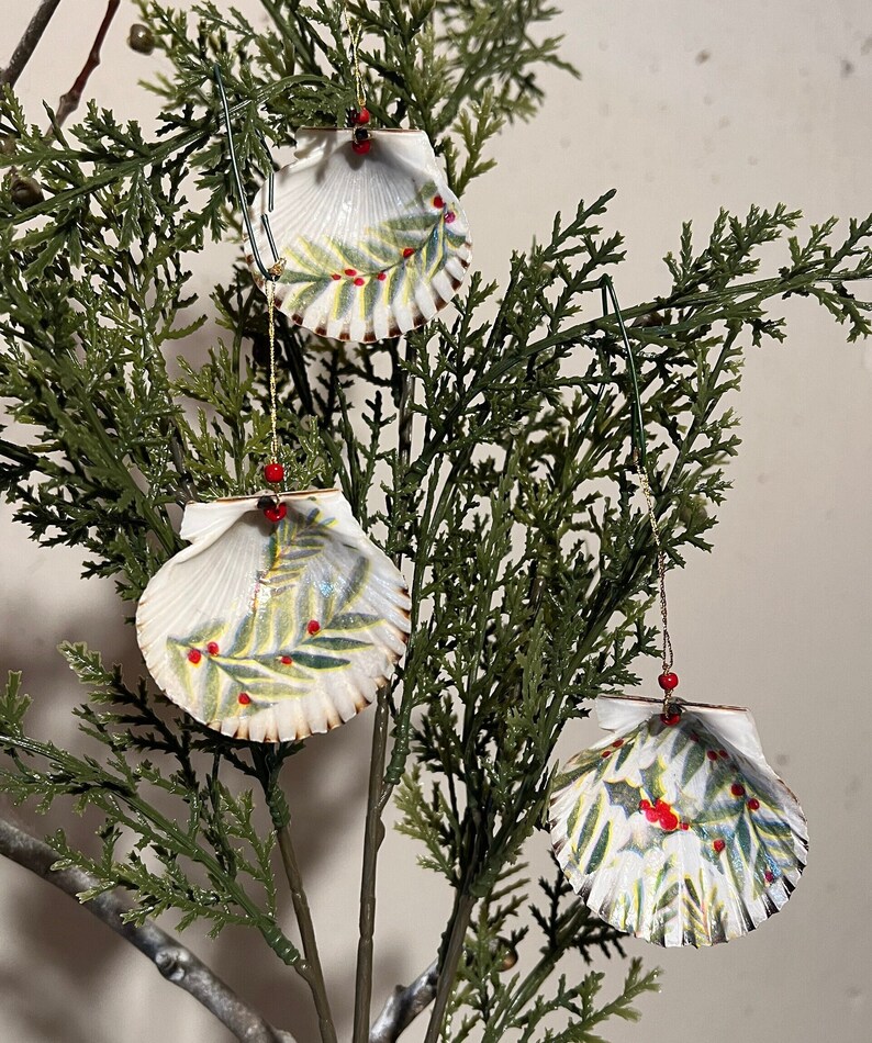 Set of 3 Scallop Shell Hand Made Ornaments With Pine and Holly, Free ...