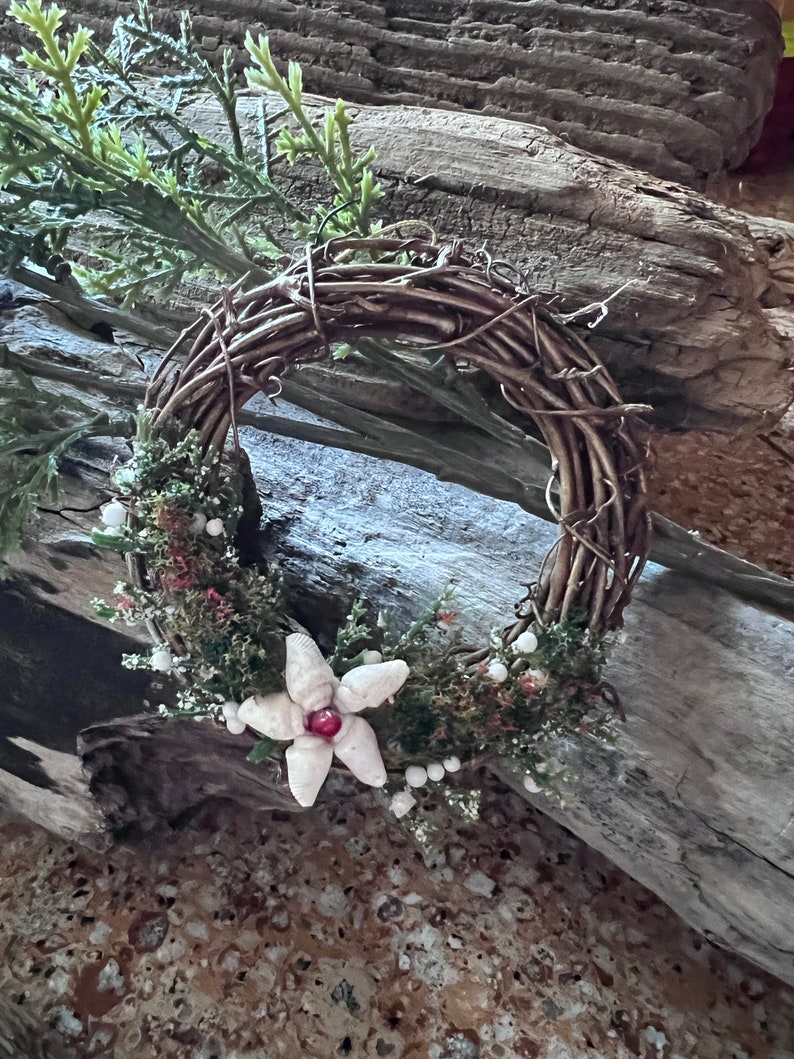 Wreath With Conch Shell Flower and Faux Greenery, Miniature Grapevine ...