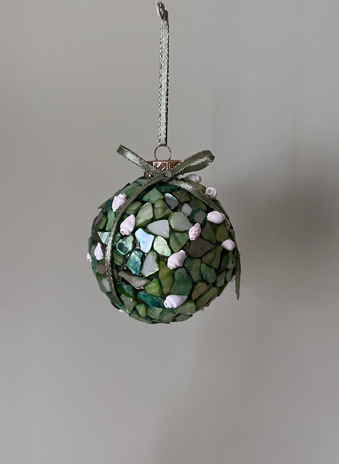 Shell Ornament in Shades of Green Shells and Miniature White Conch ...