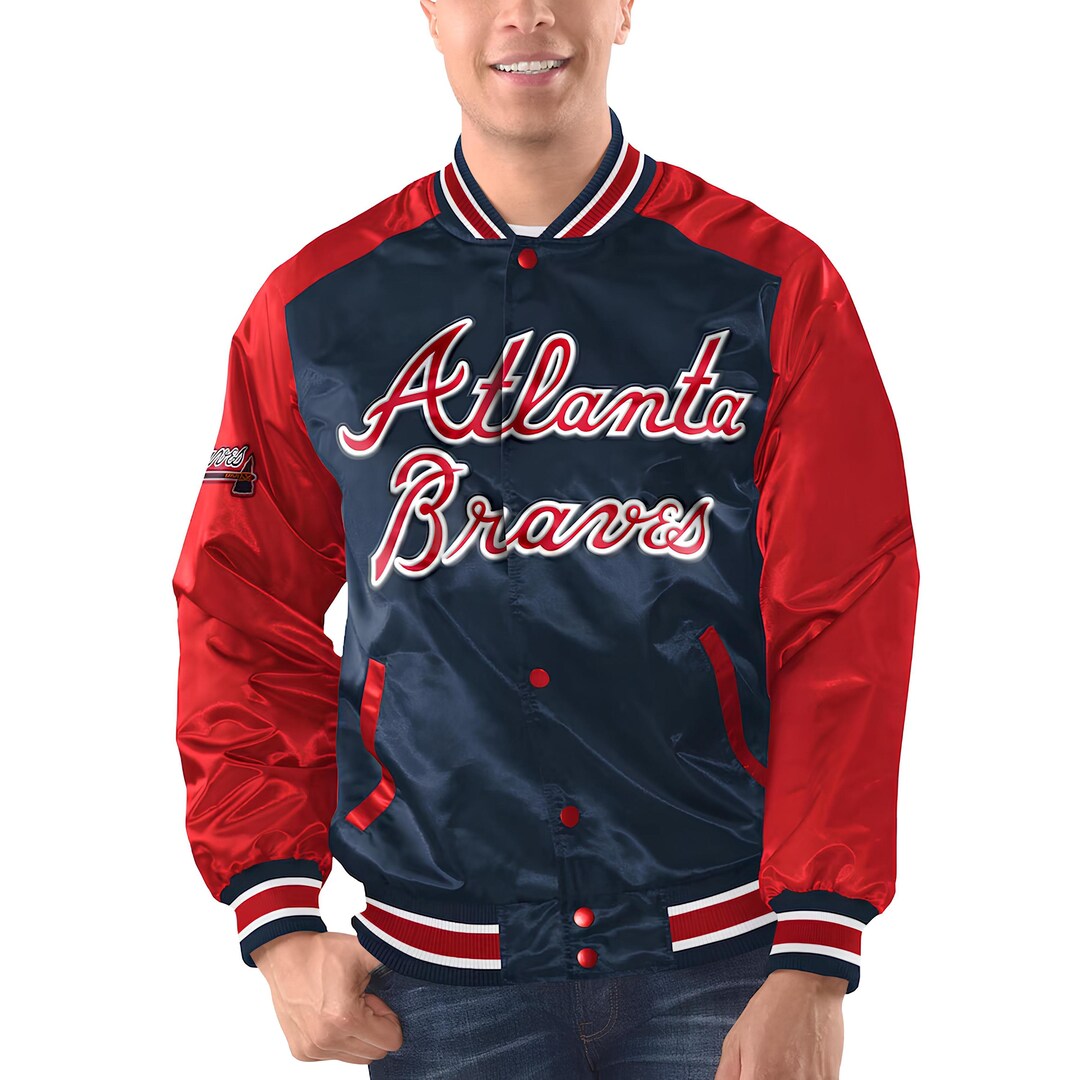 MLB Atlanta Braves Varsity Jacket Navy Blue Red Satin Jacket Letterman ...