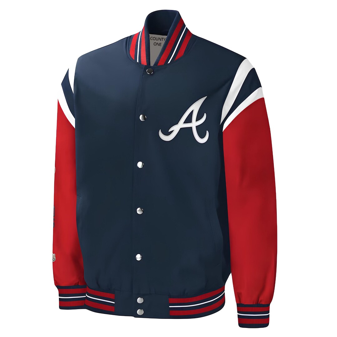 MLB Atlanta Braves Varsity Jacket Navy Blue Red Satin Jacket Letterman ...