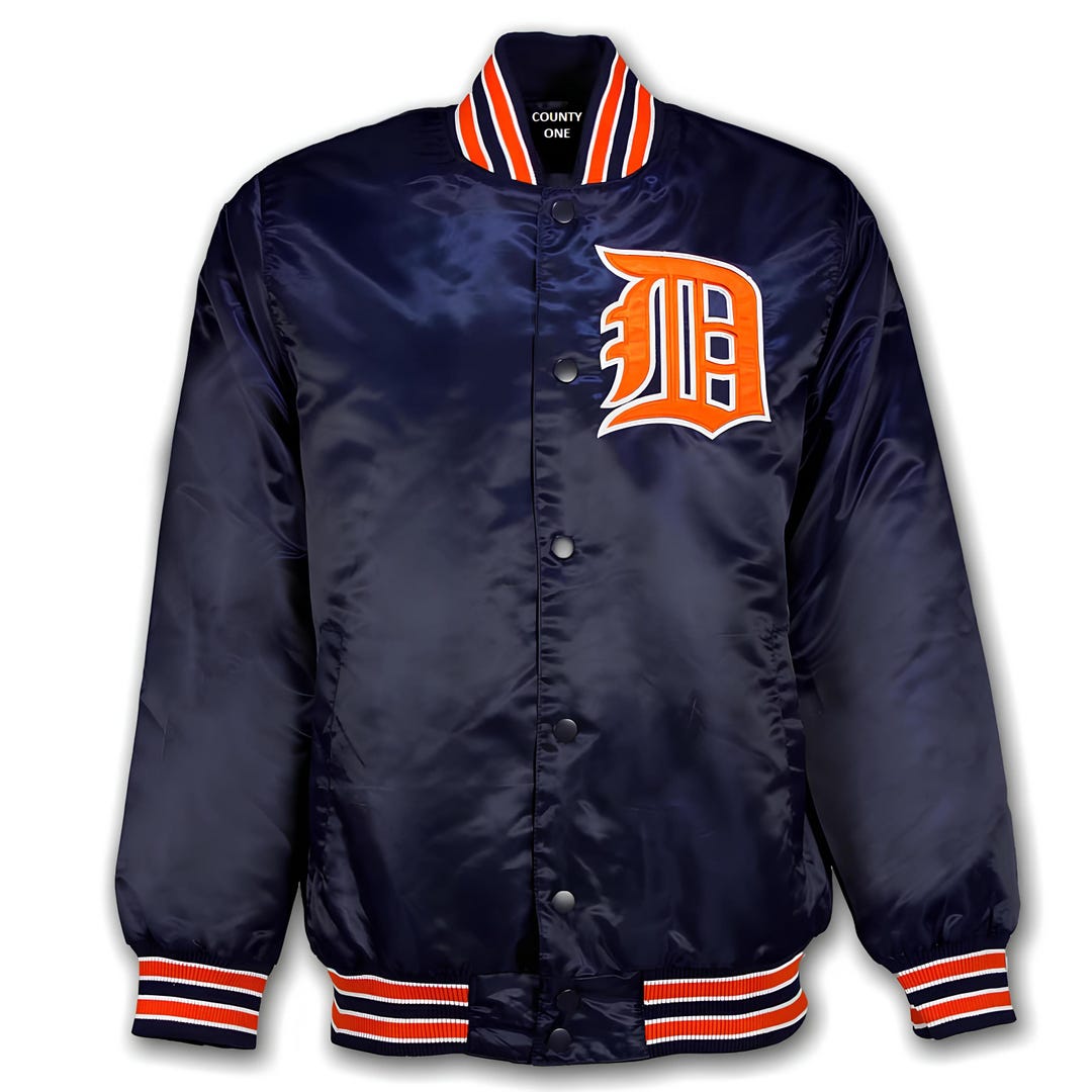 MLB Detroit Tigers Varsity Jacket Navy Blue Satin Jacket Team Varsity ...