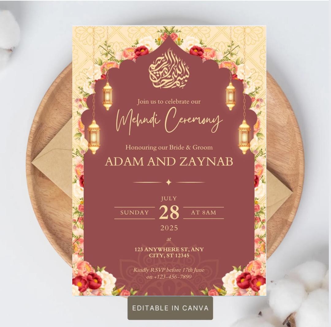 Gold and Brown Mehndi Mehendi Mendi Invitation Bride and Groom Wedding ...