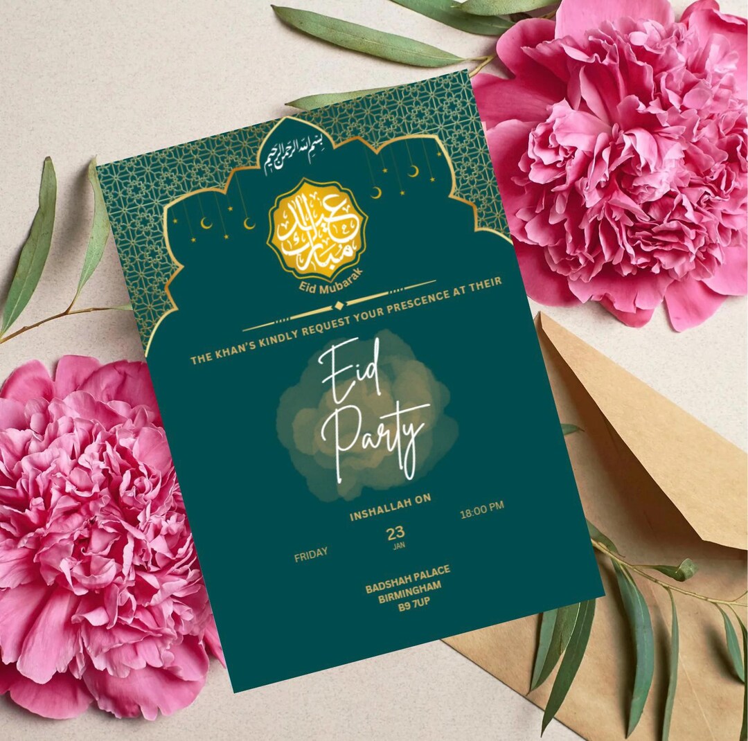 Eid Party Invitation, Eid Dinner, Green and Gold, Majestic, Eid Ul Fitr ...