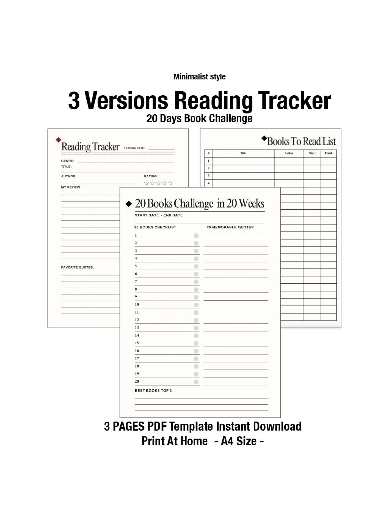 Minimalistic 20-day Book Reading Challenge Tracker Printable | Books to ...