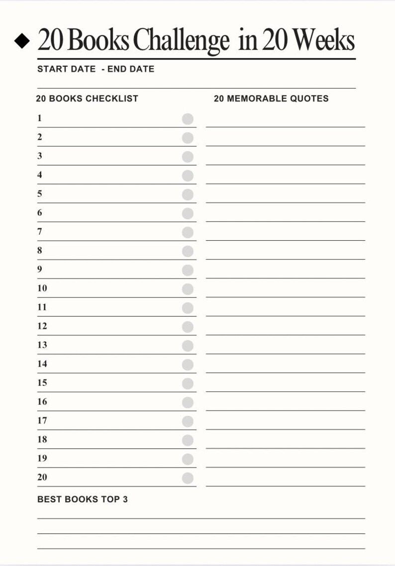 Minimalistic 20-day Book Reading Challenge Tracker Printable | Books to ...