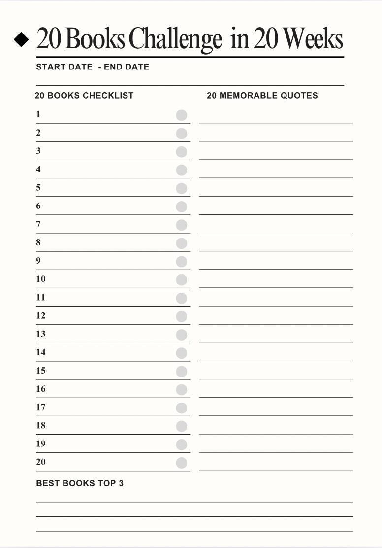 Minimalistic 20-day Book Reading Challenge Tracker Printable | Books to ...