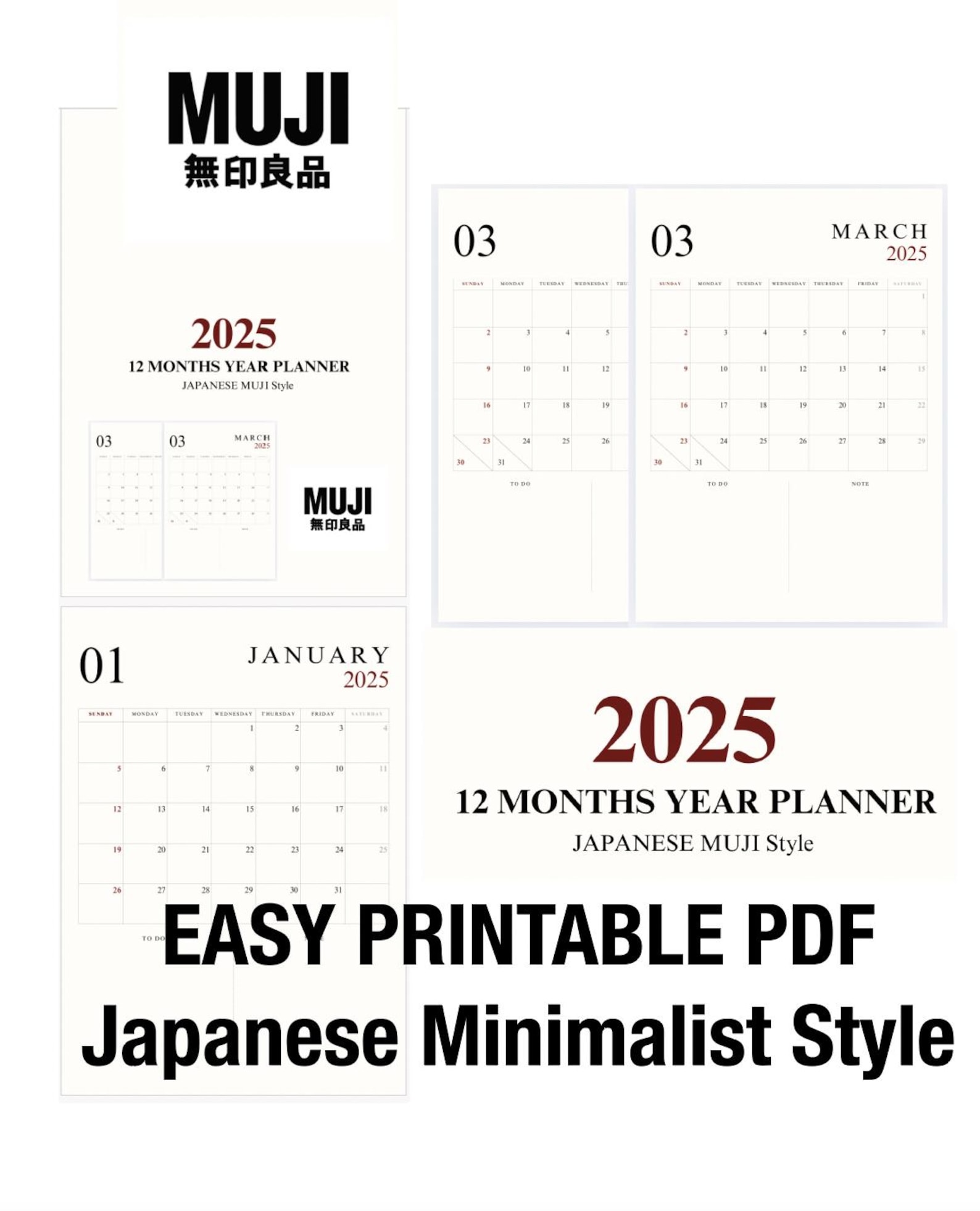 PDF Printable - Japanese MUJI Style Calendar -download 1 Sec Today ...
