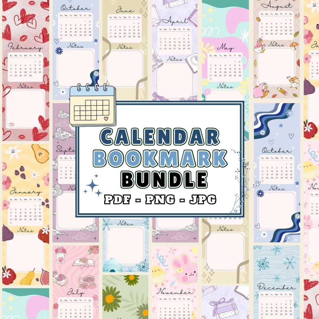 Calendar Bookmark Bundle PDF PNG JPG | 12 Monthly Mini Calendar Designs ...