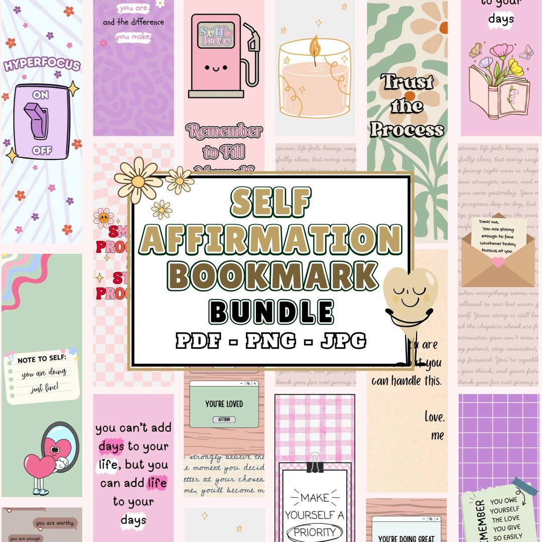 Self Affirmation Bookmark Bundle PDF PNG JPG | 14 Cute Positive ...