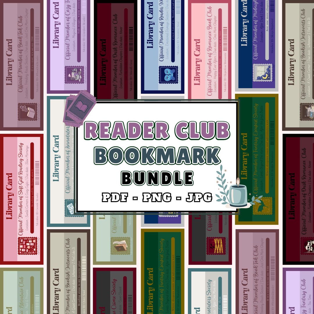 Book Club Bookmark Bundle PDF PNG JPG | 12 Library Cards Printable ...
